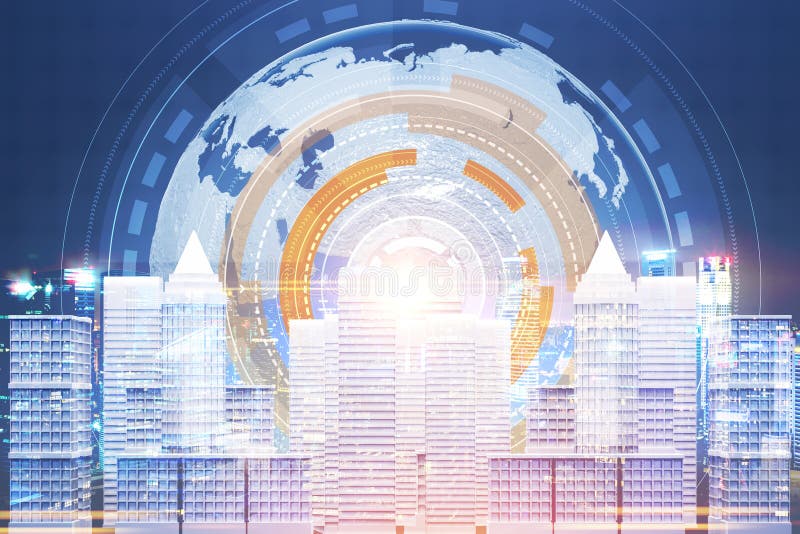 Earth Hud and City Model Over Blue Stock Illustration - Illustration of ...