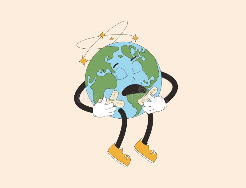 Earth Hurt Retro Mascot. Sick Planet Cartoon Character. Climate Change ...