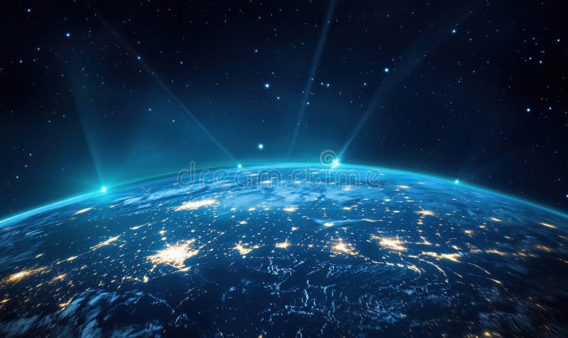 Earth Illuminated by City Lights with Beams of Light in Starry Space ...