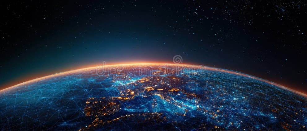 The Earth Illuminated with Connected Networks and Starry Sky at Night ...