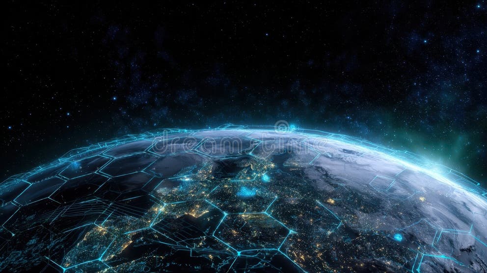 The Earth Illuminated by a Futuristic Hexagonal Network in Space AI ...