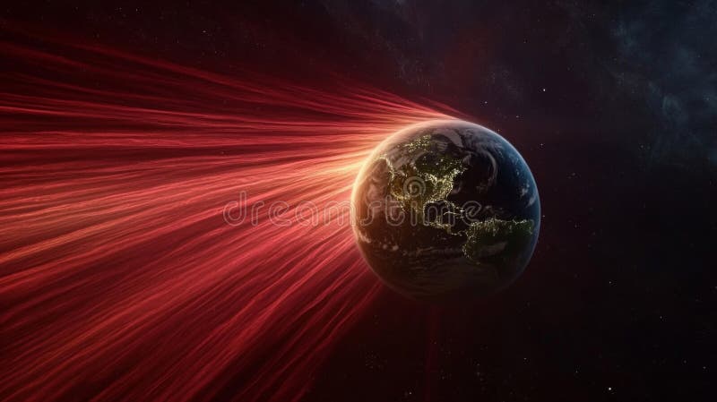 Earth Illuminated by Red Rays in a Starry Night Sky Stock Illustration ...