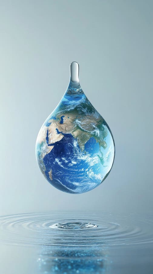 Earth Inside a Water Droplet Above Serene Water Surface, Environmental ...