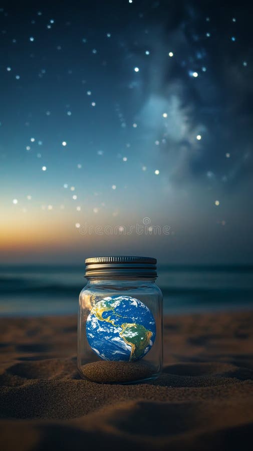 Earth in Jar on Sand Under Vibrant Starry Night Sky Stock Image - Image ...