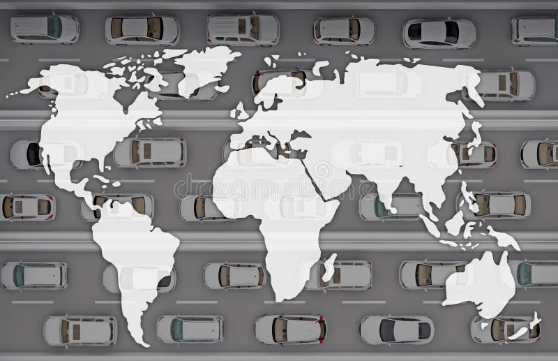 Earth Map Mockup on Stream of White Cars Top View Stock Illustration ...