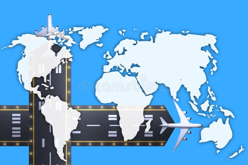 Earth Map Mockup on Two Runways with Passenger Aircraft Top View Stock ...