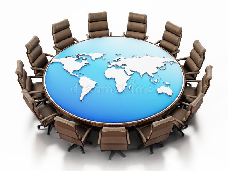 Earth Map on Table Surrounded with Seats. 3D Rendering Stock ...