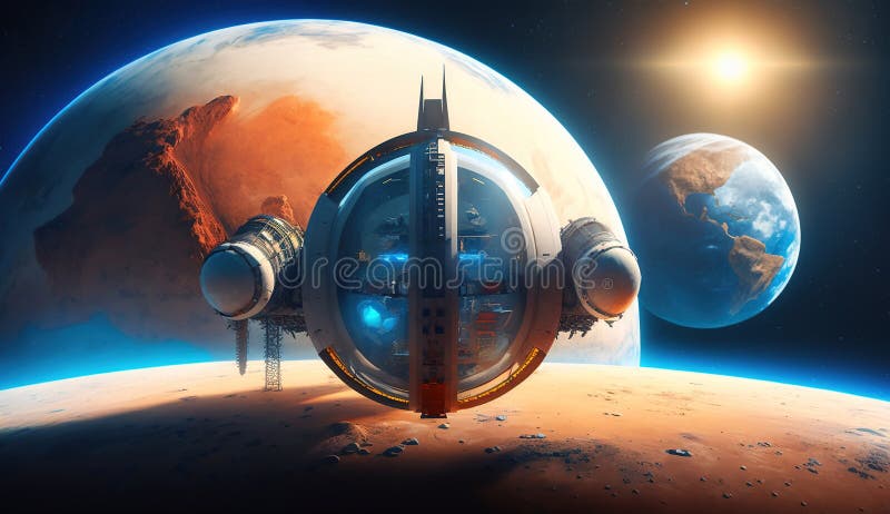 Earth, Mars and Space Ship in the Solar System. Technology and ...