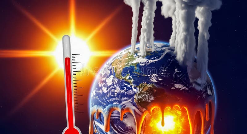 Earth with Melting Features and Thermometer Indicating Rising ...