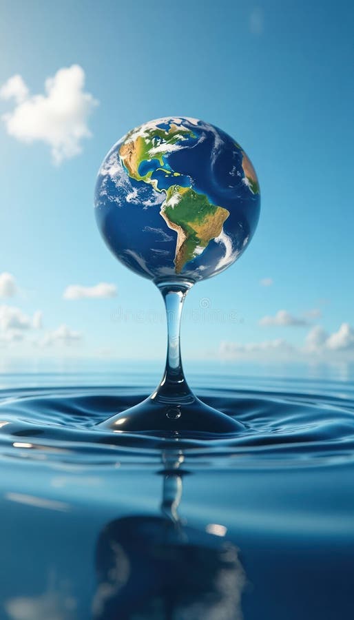 Earth Model Suspended in Drop of Water. Water Drop Rests on Blue Water ...