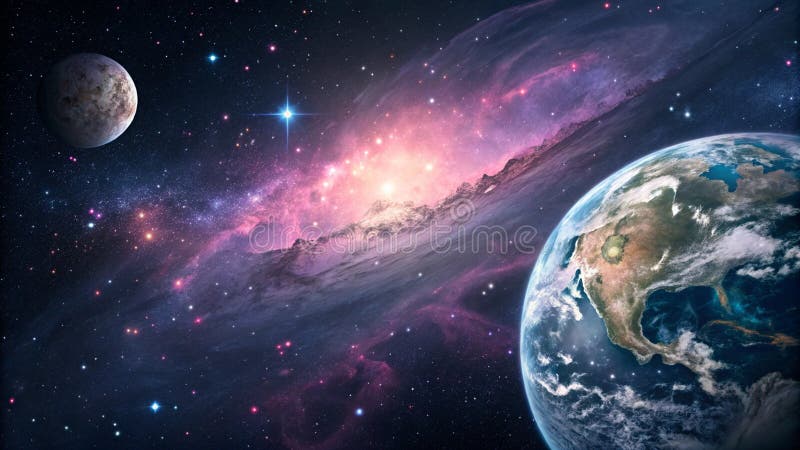 Earth, Moon, Nebula, and Stars in Space Stock Illustration ...