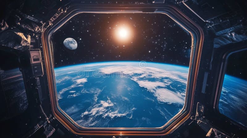 Earth and Moon Seen from a Spaceship Window Stock Image - Image of ...