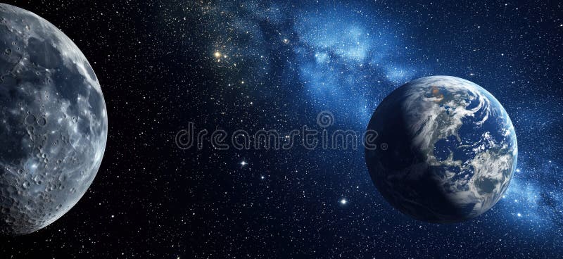 Earth and Moon in Space with Stars and Galaxy Background Stock Photo ...