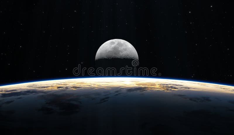 Space Sunset Earth Scape: Sun Set with Its Rays Behind Model of Cosmos ...