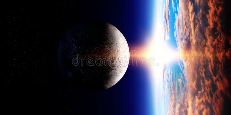 Earth and Moon with Sunrise Stock Illustration - Illustration of cloud ...
