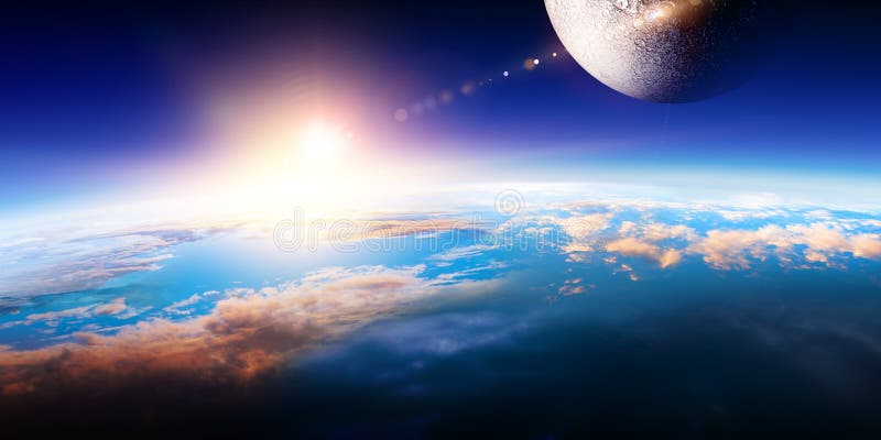 Earth and Moon with Sunrise Stock Image - Image of satellite, lunar ...