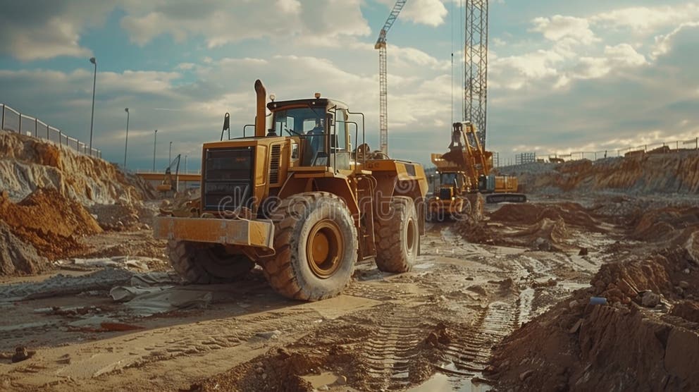 Earth Movers and Cranes at Work on a Large Construction Site Under a ...