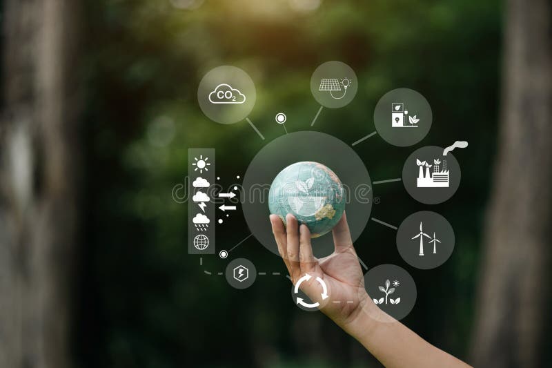 .Earth in Nature`s Time in Hands with Energy Resource Icon. Earth Day ...