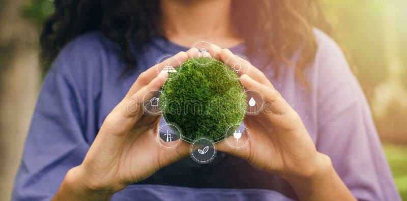 Earth in Nature Time in Human Hands with Energy Resource Icon. Earth ...