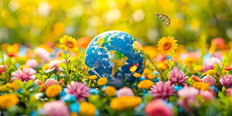 Earth Nestles in a Lush Field of Vibrant Blooms, Symbolizing Unity and ...