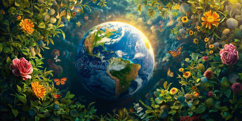 Earth Nestles in a Lush Field of Vibrant Blooms, Symbolizing Unity and Ecological Diversity. a ...