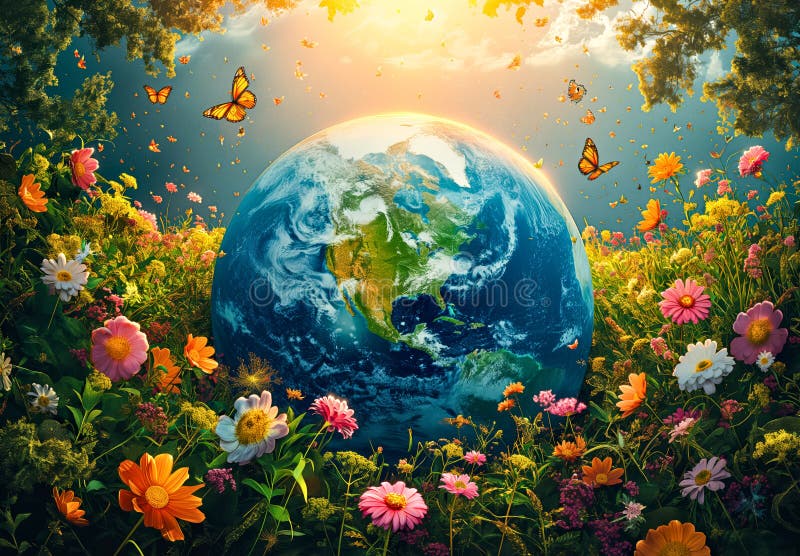 Earth Nestles in a Lush Field of Vibrant Blooms, Symbolizing Unity and ...