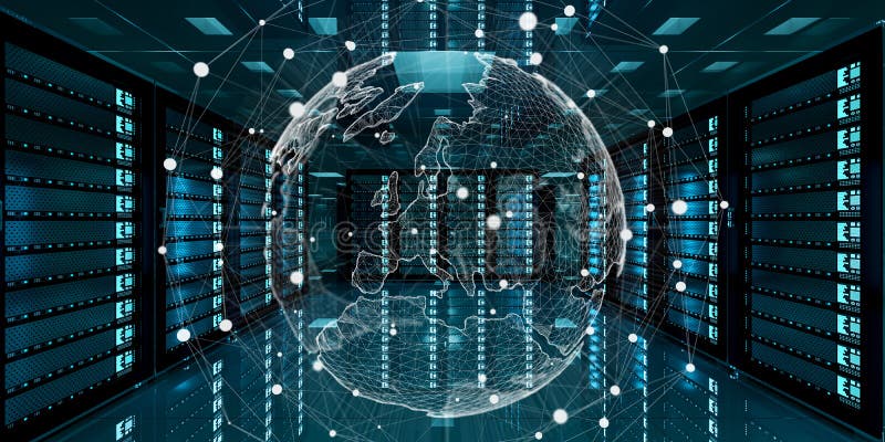 Earth Network Flying Over Server Room Data Center 3D Rendering Stock ...
