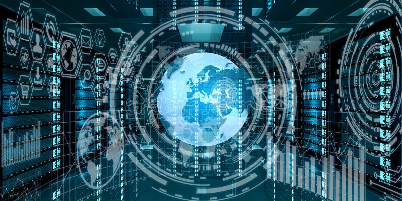 Earth Network Flying Over Server Room Data Center 3D Rendering Stock ...