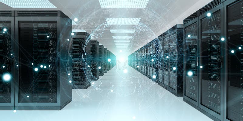Earth Network Flying Over Server Room Data Center 3D Rendering Stock ...
