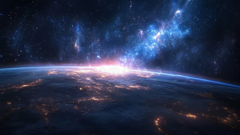 Earth at Night with Bright Lights and Starry Galaxy Stock Illustration ...