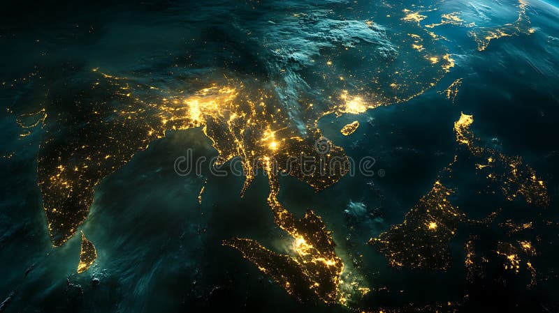 Earth at Night with City Lights Glowing through Clouds Stock ...