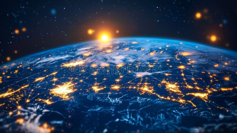 Earth at Night with City Lights and Sunrise Stock Illustration ...