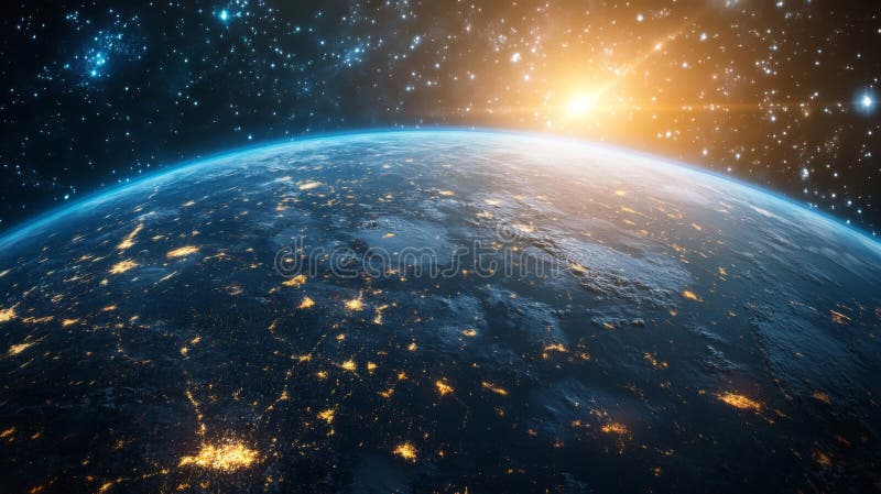 Earth at Night with City Lights and Sunrise from Space Stock ...