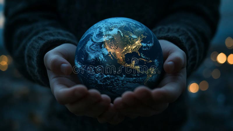 Earth at Night Cradled in Human Hands Stock Photo - Image of peace ...