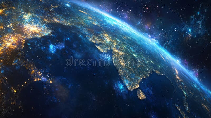 Earth at Night Glowing City Lights and Starry Space Background Stock ...