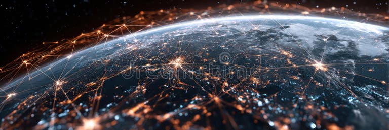 Earth at Night with Glowing Network Connecting Cities and Outer Space ...