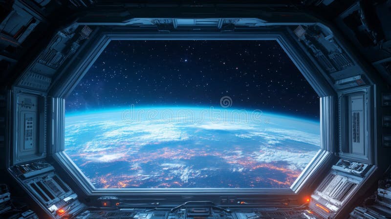 Earth at Night Viewed from Spaceship Window Stock Illustration ...