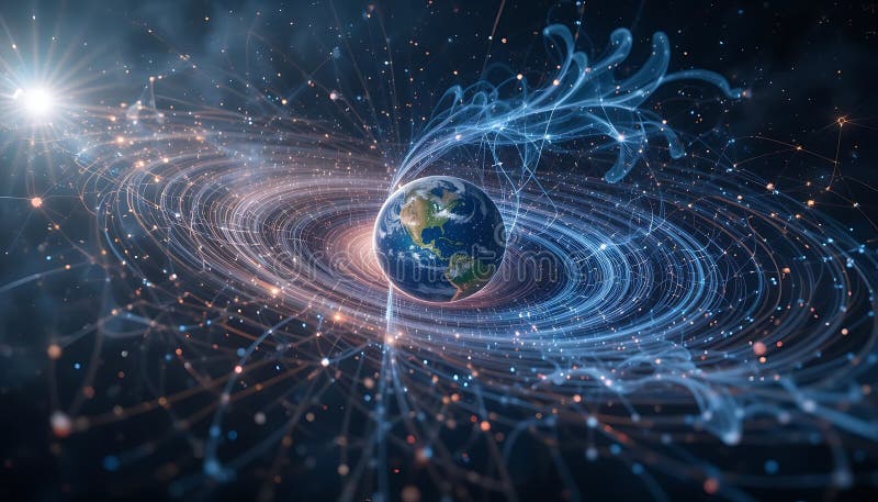 Earth Orbiting Glowing Particles and Light Rays in Space Illustration ...