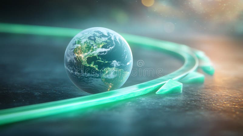 Earth Orbiting with Green Arrows, Futuristic 3D Rendering Stock ...