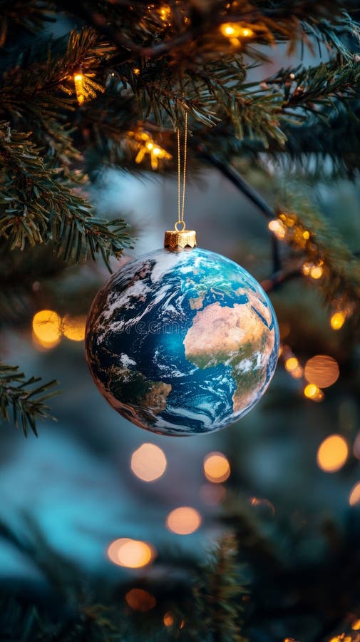 Earth Ornament on Christmas Tree with Lights, Festive Decoration ...