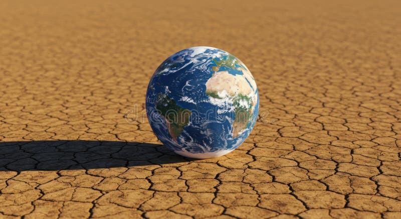 Earth in Peril a Desolate Landscape a Small Globe Rests on Cracked Dry ...
