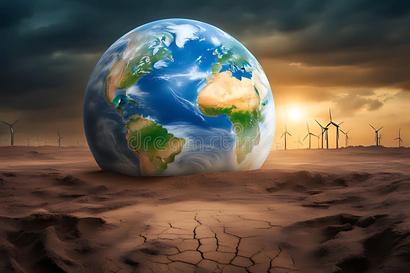 Earth in Peril: Wind Turbines and a Drying Planet Stock Illustration ...