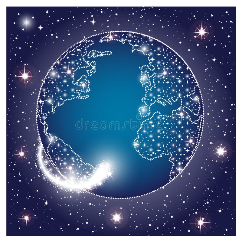 Earth Planet in Dark Space with Glowing Sparkle Stars. Vector ...