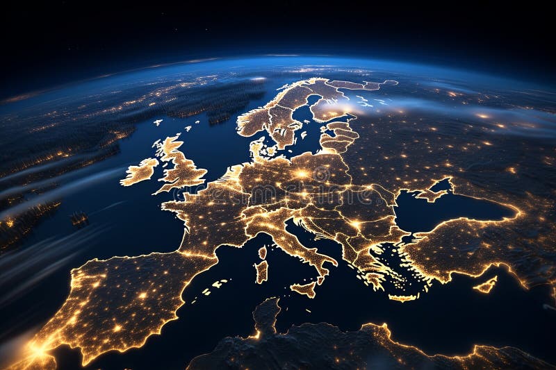 Earth Planet Europe at Night from Space, City Lights, Elements from ...