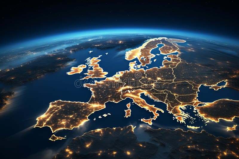 Earth Planet Europe at Night from Space, City Lights, Elements from ...