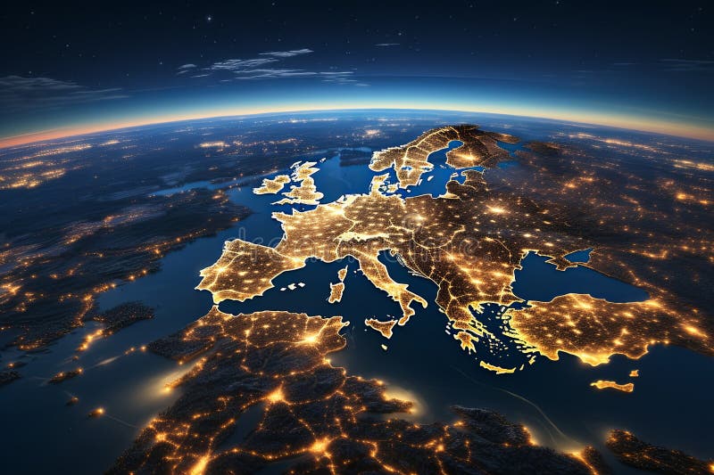 Earth Planet Europe at Night from Space, City Lights, Elements from ...