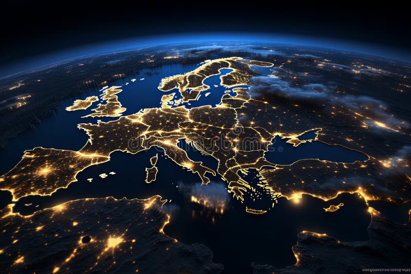 Earth Planet Europe at Night from Space, City Lights, Elements from ...