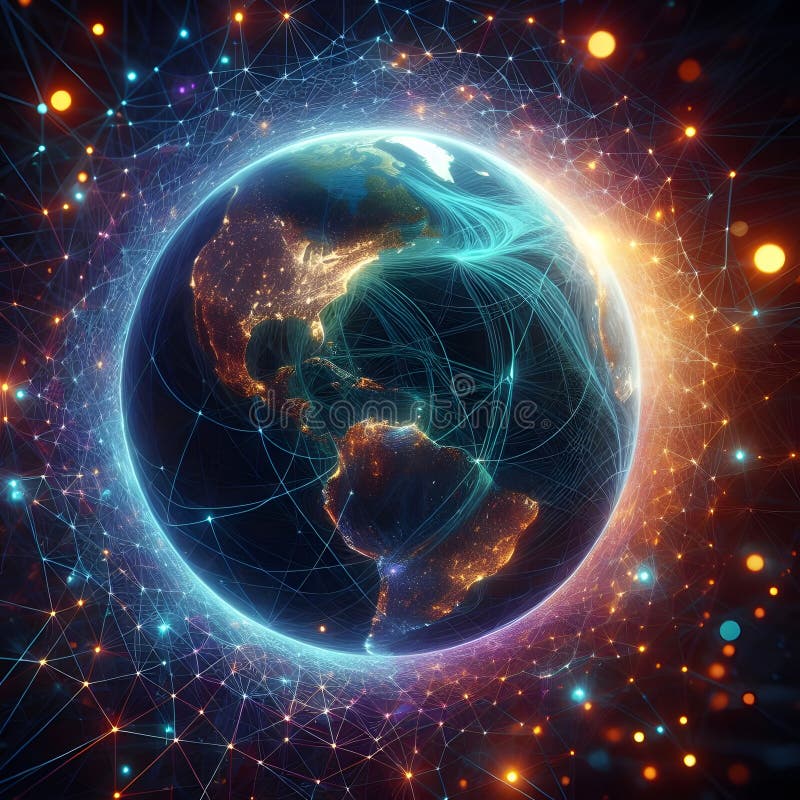 Earth Planet with Network on the Background of the Night City. 3D ...