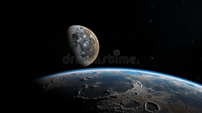 Earth Planet in Outer Space. Earth and Moon, Solar System Element Stock ...