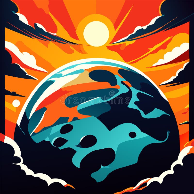Earth Planet with Sun and Clouds in the Sky. Vector Illustration Stock ...